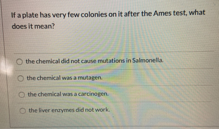 Solved If a plate has very few colonies on it after the Ames | Chegg.com