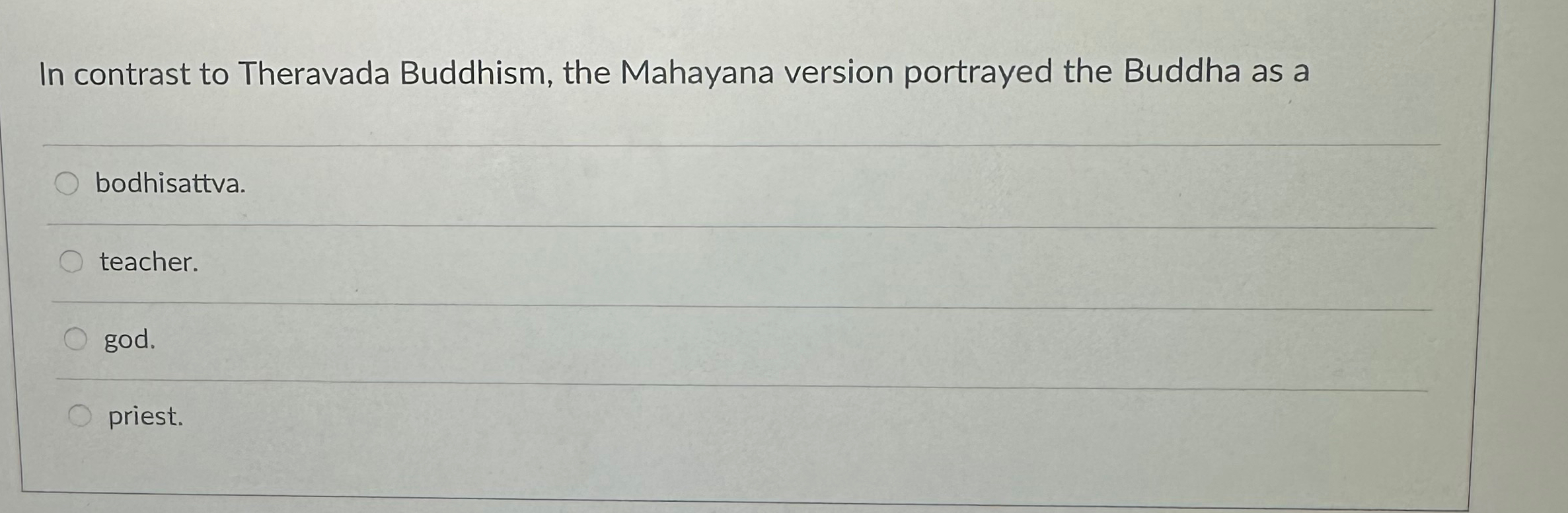 Solved In contrast to Theravada Buddhism, the Mahayana | Chegg.com
