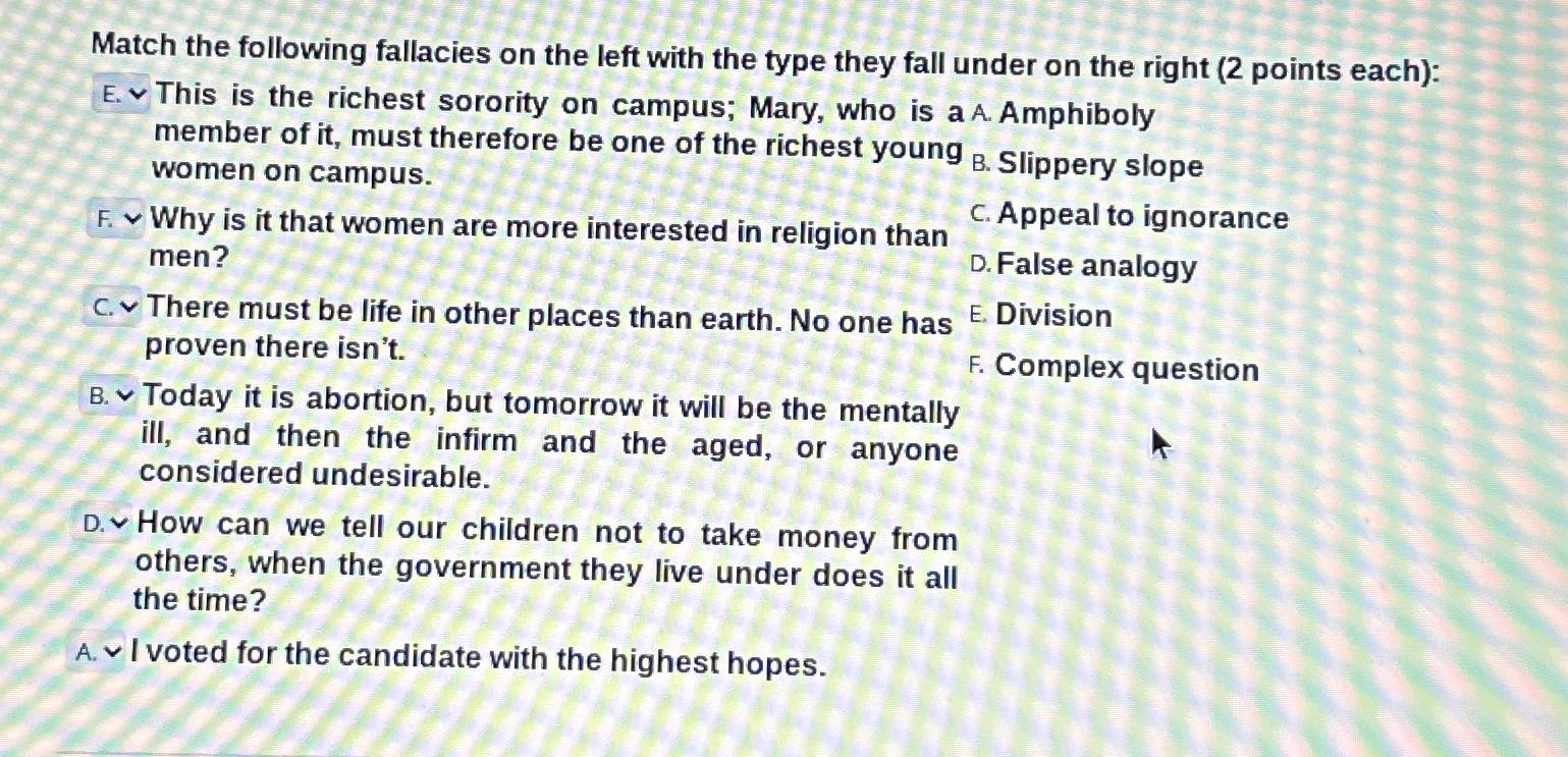 Solved Match the following fallacies on the left with the | Chegg.com