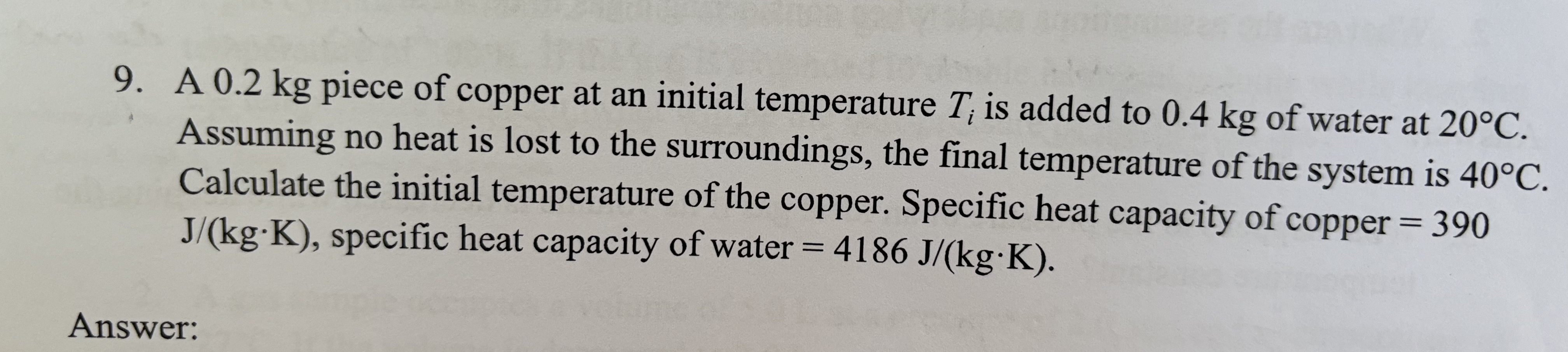 Solved A 0.2kg ﻿piece of copper at an initial temperature Ti | Chegg.com