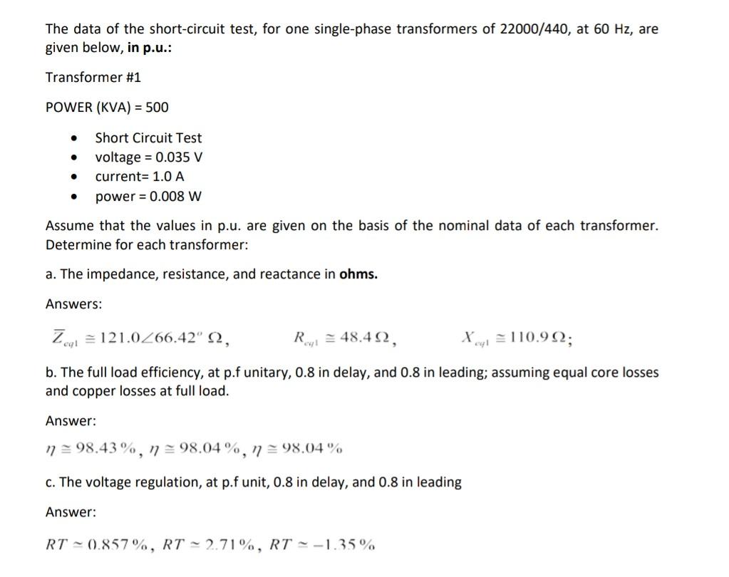Solved The data of the short-circuit test, for one | Chegg.com