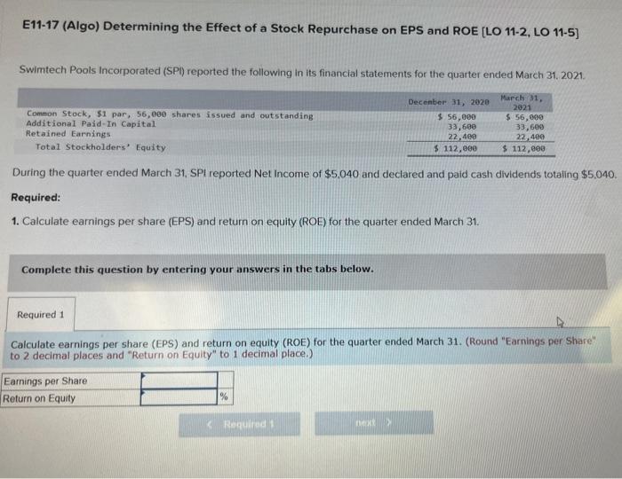 Solved E11-17 (Algo) Determining the Effect of a Stock | Chegg.com