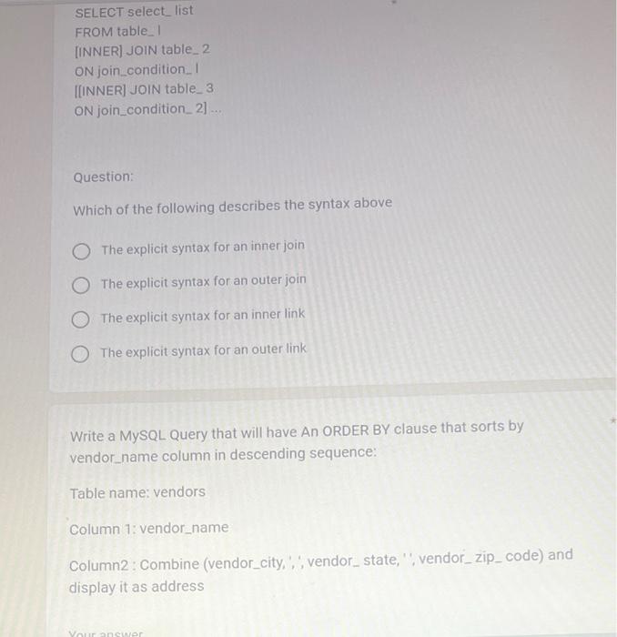 Solved SELECT select_list FROM table_। [INNER] JOIN table_ 2 | Chegg.com