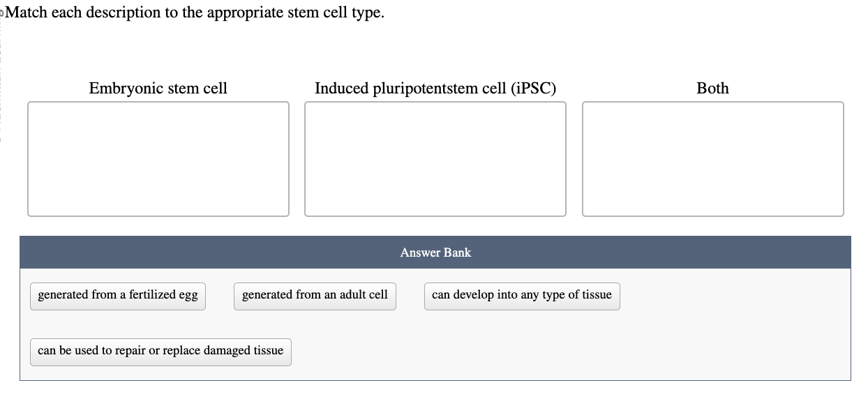 Solved Match each description to the appropriate stem cell | Chegg.com