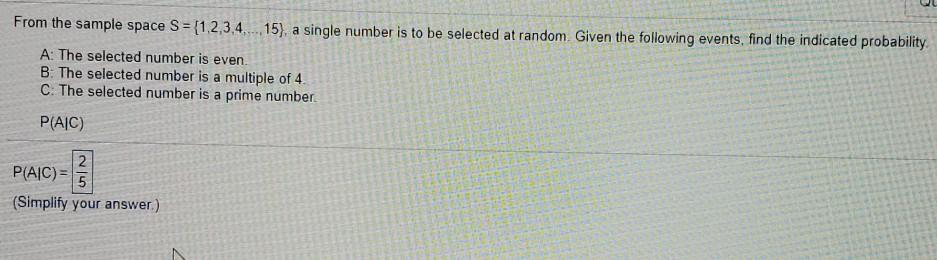 Solved From the sample space S = {1,2,3.,4...15), a single | Chegg.com