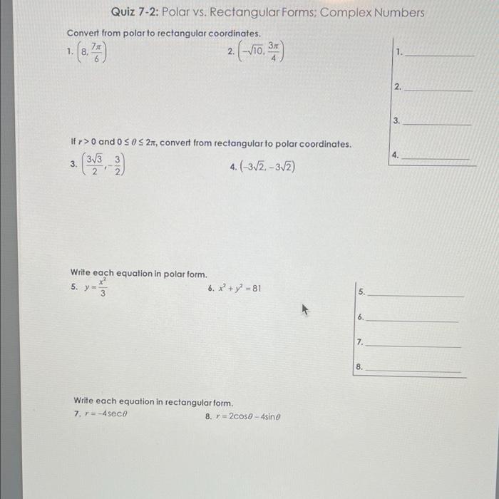 Solved Quiz 7-2: Polar vs. Rectangular Forms: Complex | Chegg.com