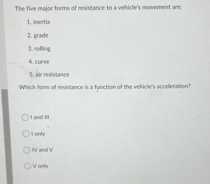 Solved The five major forms of resistance to a vehicle's | Chegg.com