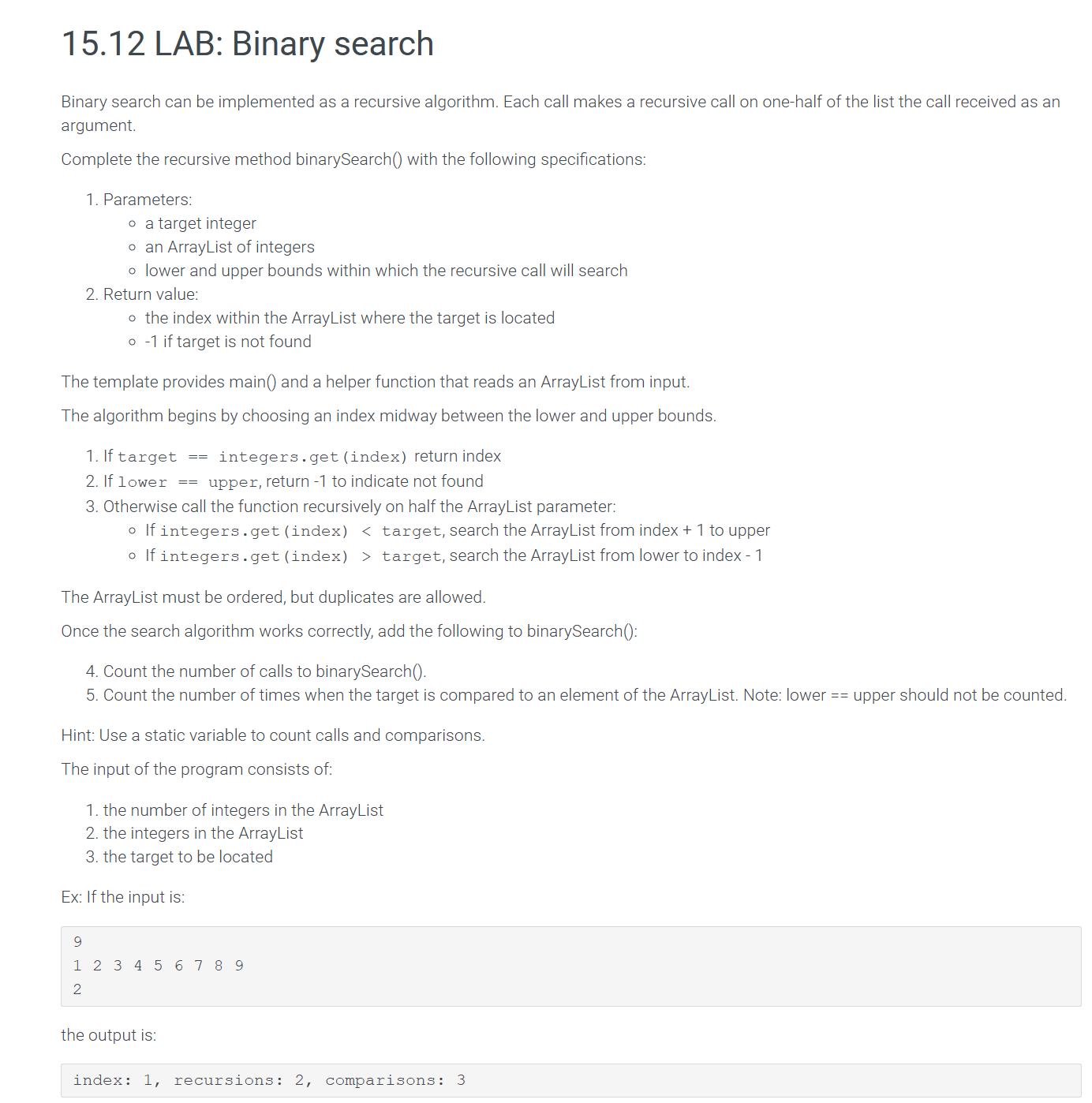 Solved 15.12 ﻿LAB: Binary searchBinary search can be | Chegg.com