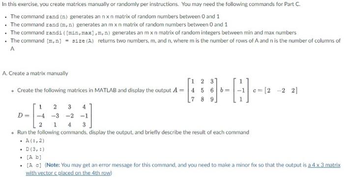 Solved B. Create special matrices: Use the following | Chegg.com