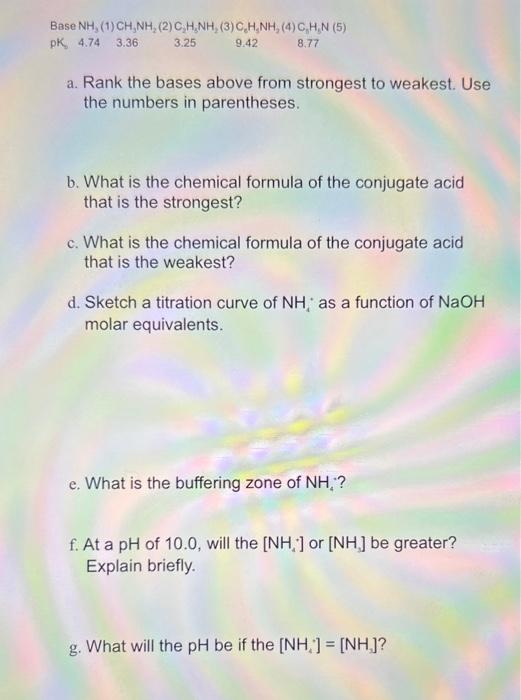 Solved Base NH3(1)CH3NH2(2)C2H3NH2 (3) C8H3NH2 (4) C8H8 N | Chegg.com