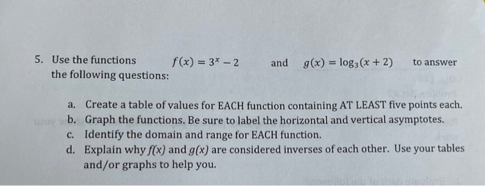 Solved 5. Use the functions f(x) 3*- 2 g(x) log3(x +2) and | Chegg.com