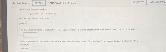 Solved Consider the following function. g(x)=x2−2x−4 on (0, | Chegg.com