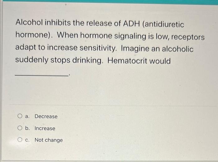 Solved Alcohol inhibits the release of ADH (antidiuretic | Chegg.com