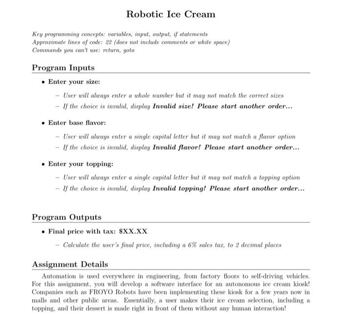 Solved Robotic Ice Cream Key programming concepts: | Chegg.com