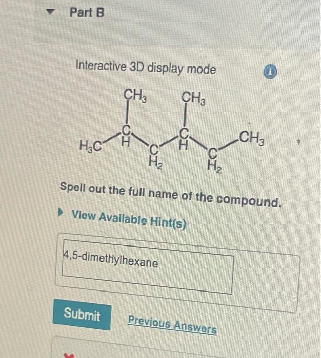 Solved Part B Interactive 3D display mode CH3 CH3 H CHE Н.С | Chegg.com