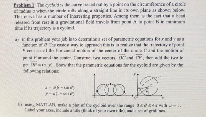 Solved Problem 1 The cycloid is the curve traced out by a | Chegg.com