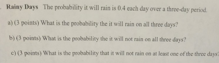 Solved Rainy Days The probability it will rain is 0.4 each | Chegg.com