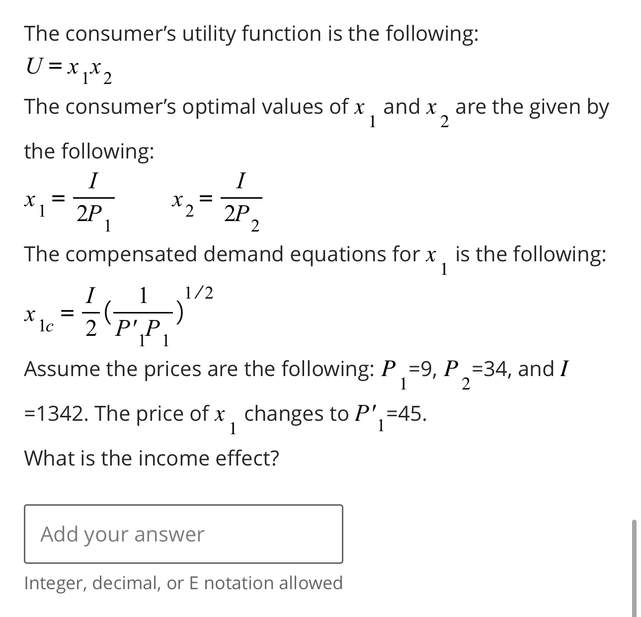 Solved The consumer's utility function is the | Chegg.com