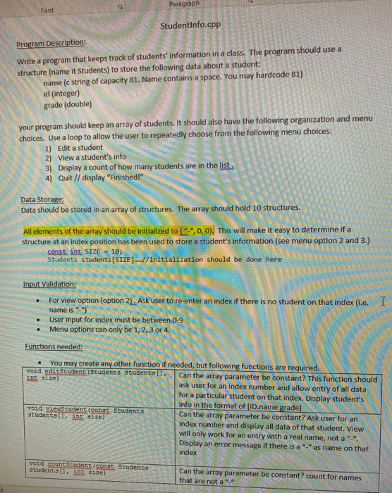 Solved Paragraph Font StudentInfo.cpp Program Description: | Chegg.com