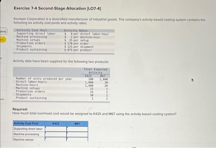 Solved Exercise 7-4 Second-Stage Allocation [LO7-4] Klumper | Chegg.com