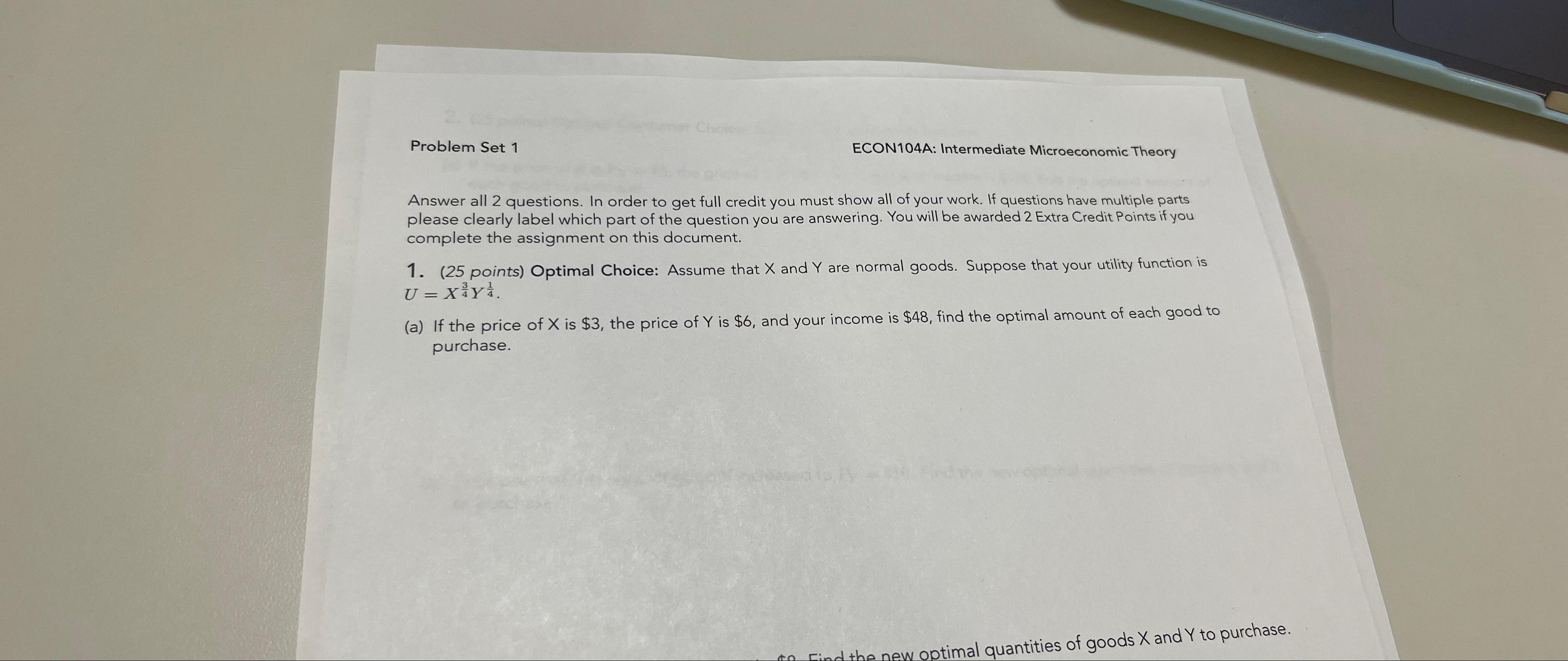 Solved Problem Set 1ECON104A: Intermediate Microeconomic | Chegg.com
