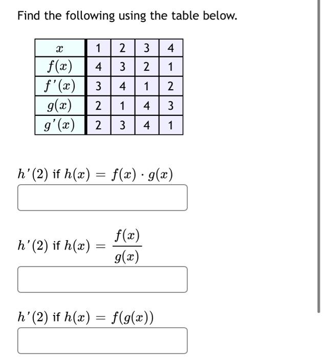 Solved Find the following using the table below. 1 2 3 4 4 3 | Chegg.com