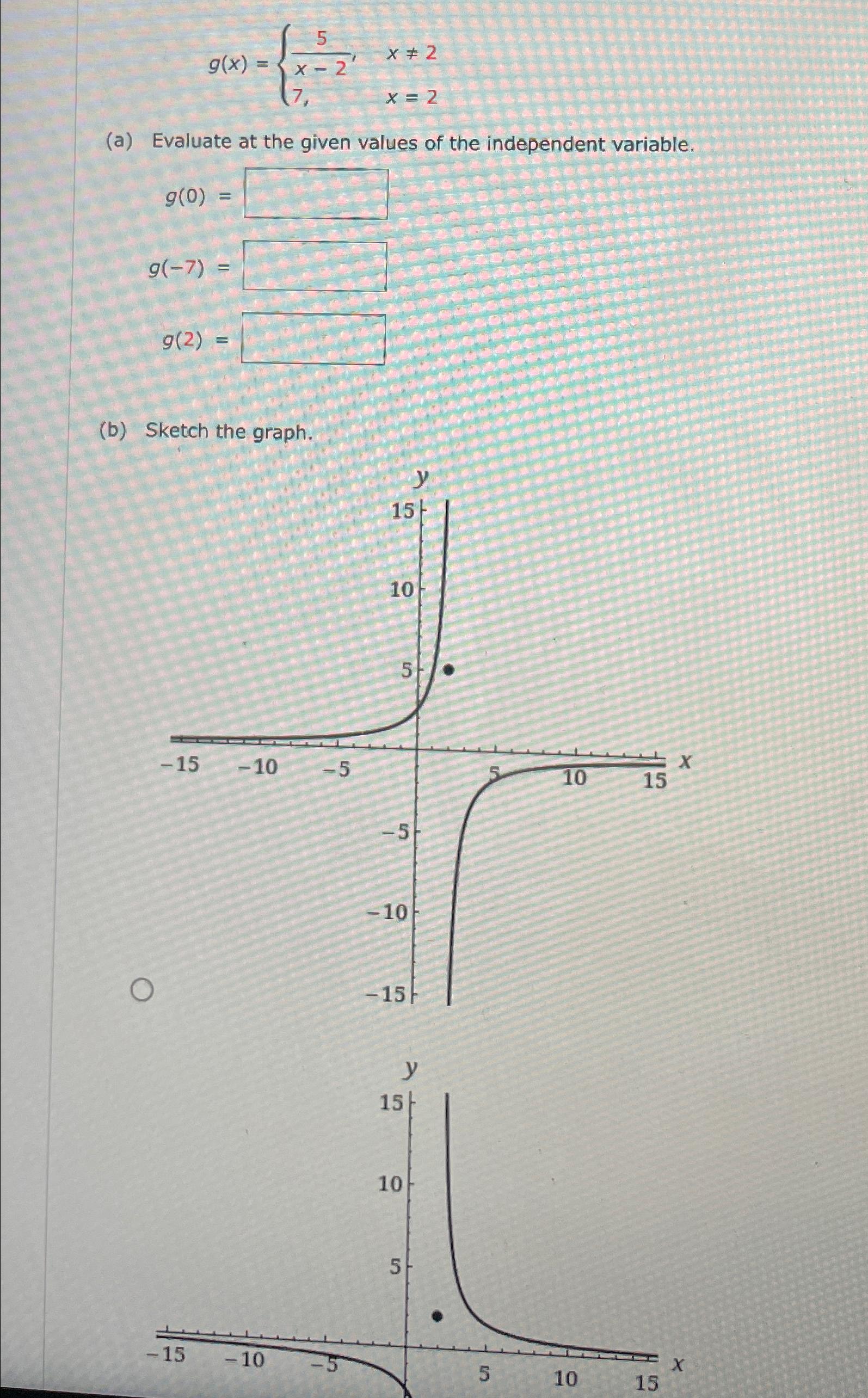 Solved g(x)={5x-2,x≠27,x=2(a) ﻿Evaluate at the given values | Chegg.com