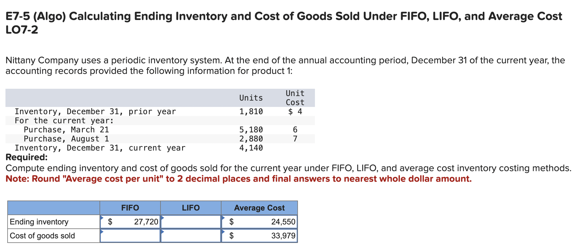 Solved E7-5 (Algo) ﻿Calculating Ending Inventory and Cost of | Chegg.com