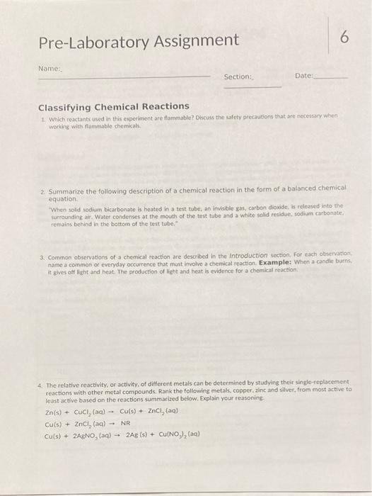 Solved 6 Pre-Laboratory Assignment Name: Section: Date | Chegg.com