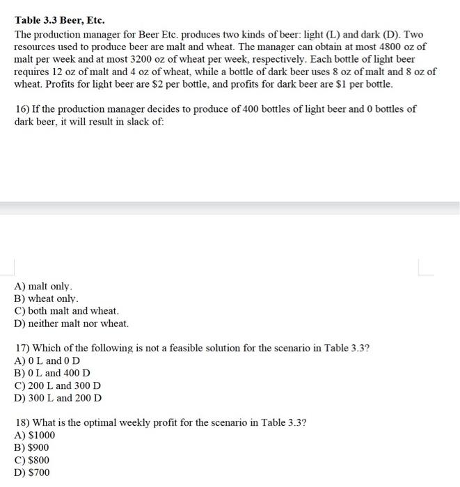 Solved Table 3.3 Beer, Etc. The production manager for Beer | Chegg.com