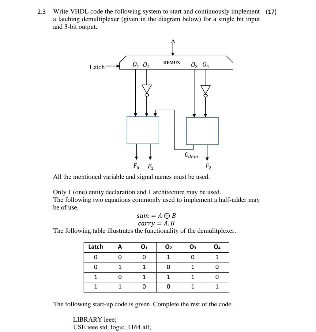Solved 2.3 Write VHDL code the following system to start and | Chegg.com