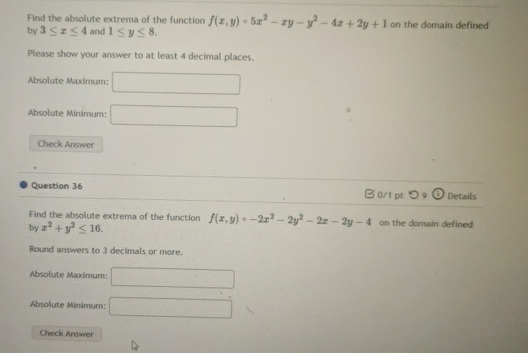 Solved Find the absolute extrema of the function | Chegg.com