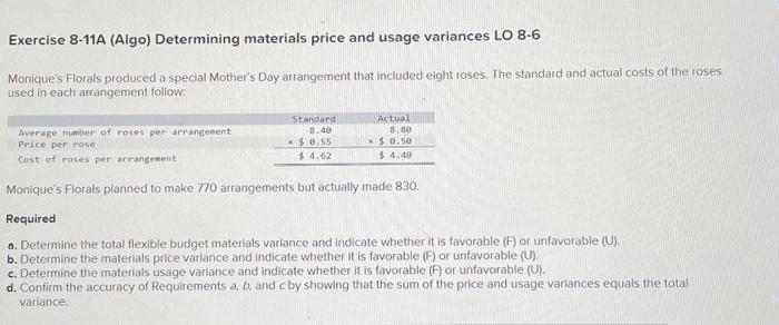 Exercise 8-11A (Algo) Determining materials price and | Chegg.com
