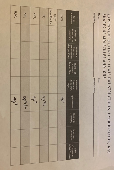 Solved EXPERIMENT 8 EXERCISE: LEWIS DOT STRUCTURES, | Chegg.com