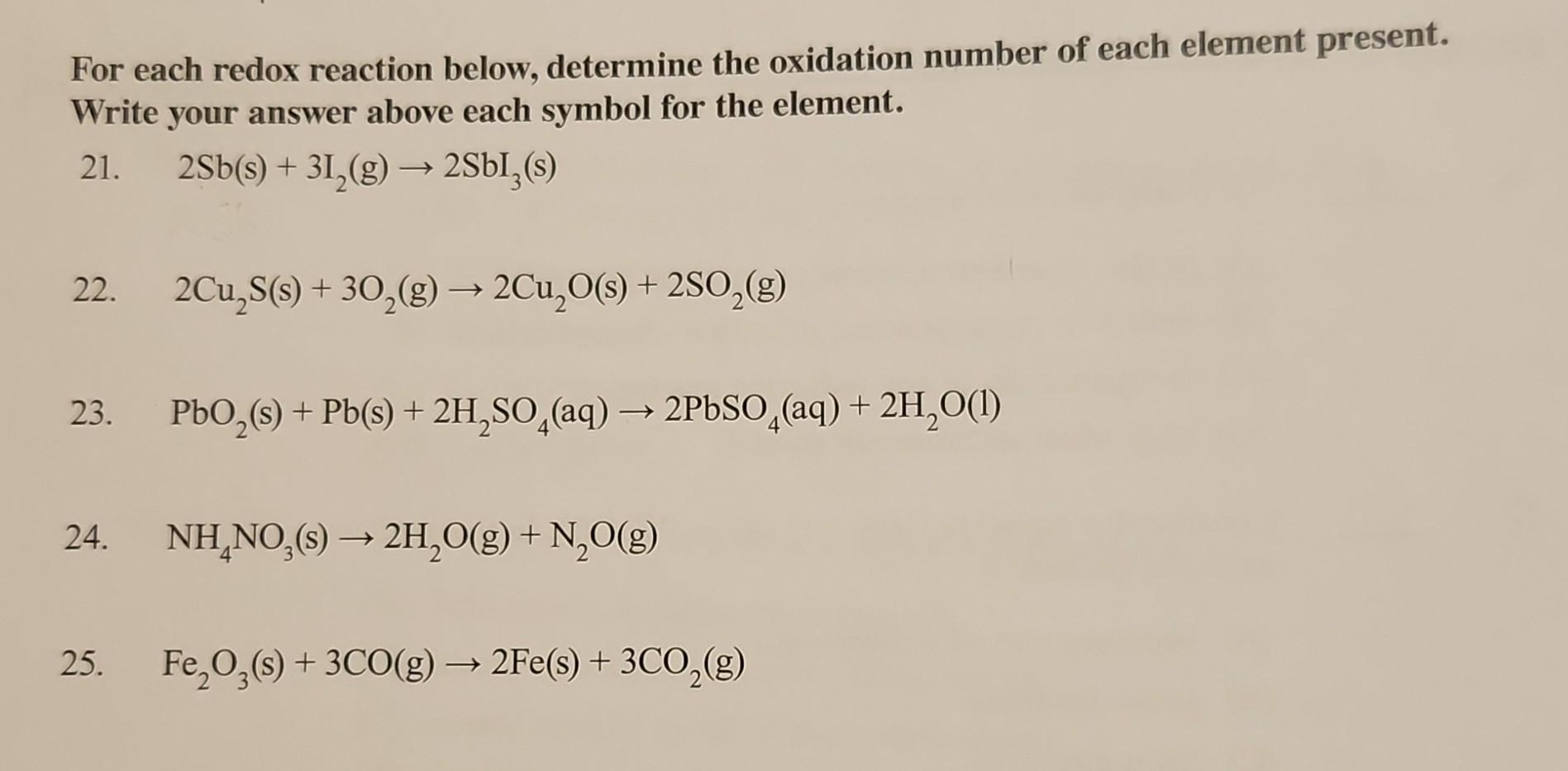 Solved For each redox reaction below, determine the | Chegg.com
