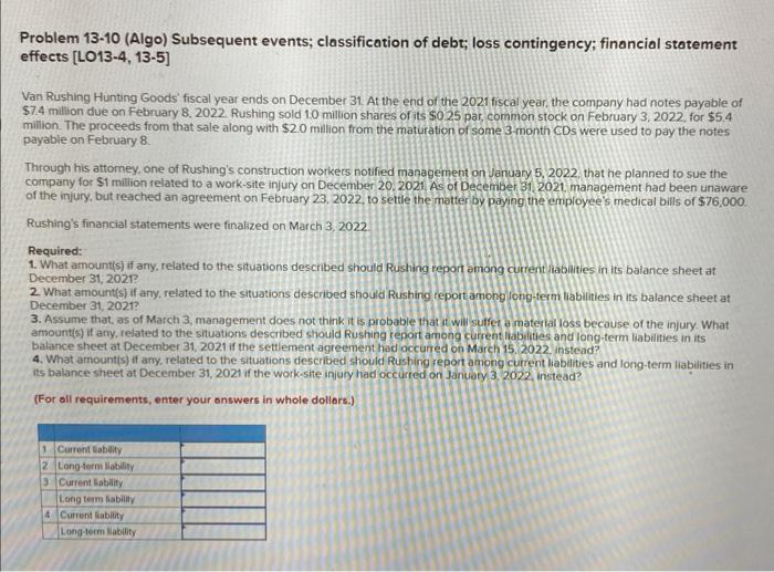 Solved Problem 13-10 (Algo) Subsequent events; | Chegg.com