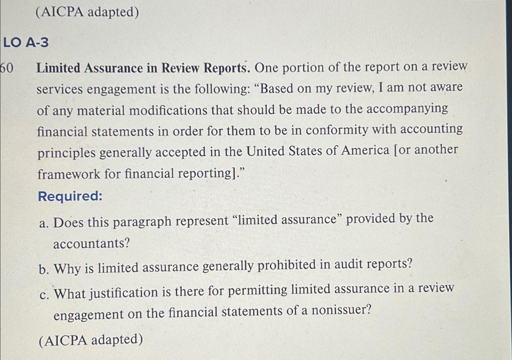 Solved (AICPA adapted)\\nLO A-3\\n60 Limited Assurance in | Chegg.com