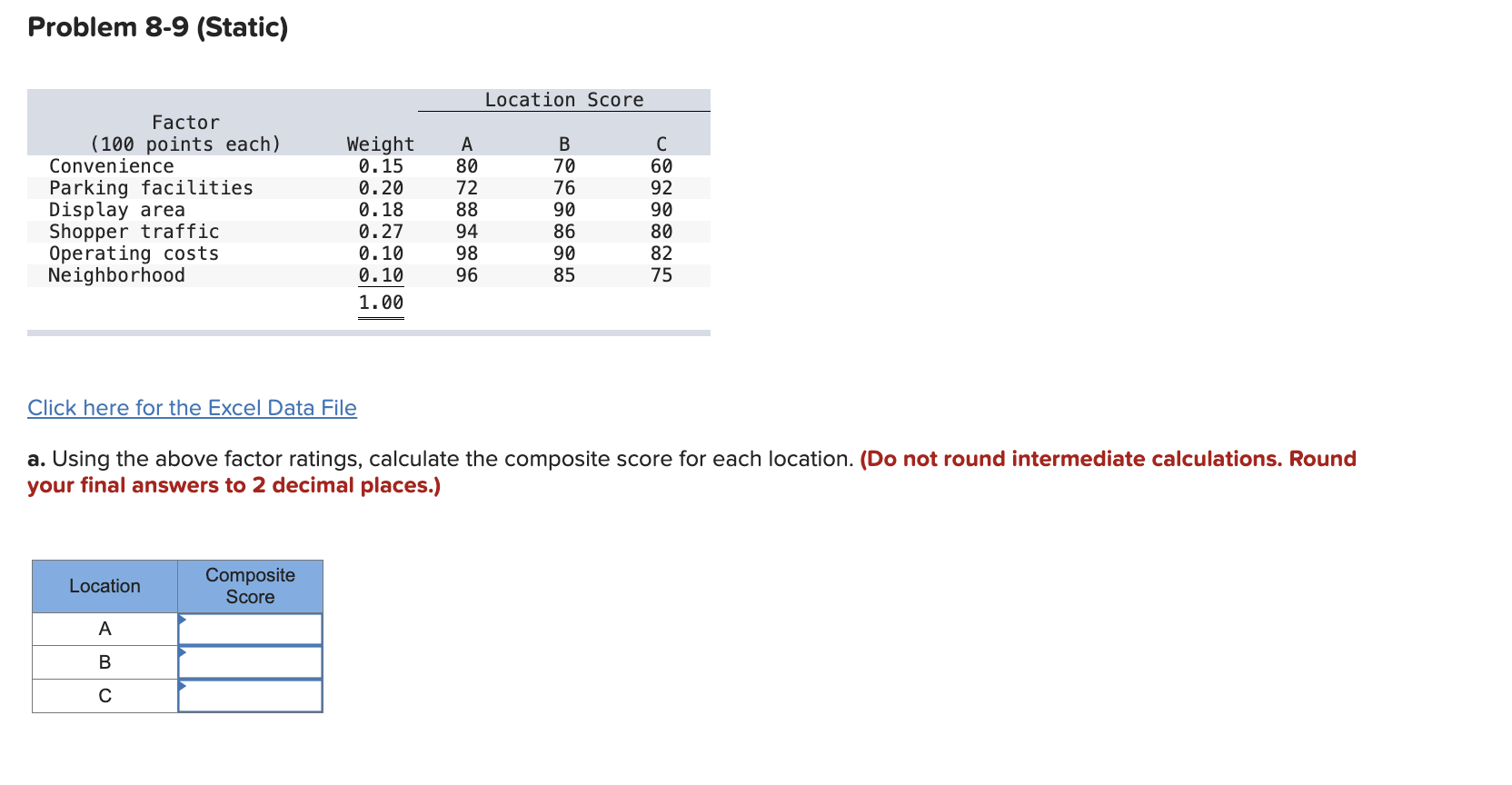 Solved Problem 8-9 (Static)Click here for the Excel Data | Chegg.com