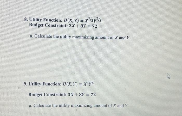 Solved 8. Utility Function: U(X,Y)=X1/3Y2/3 Budget | Chegg.com