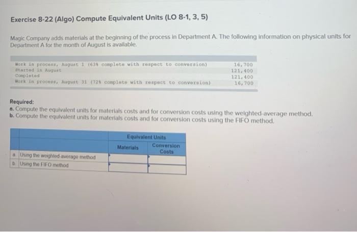 Solved Exercise 8-22 (Algo) Compute Equivalent Units (LO | Chegg.com