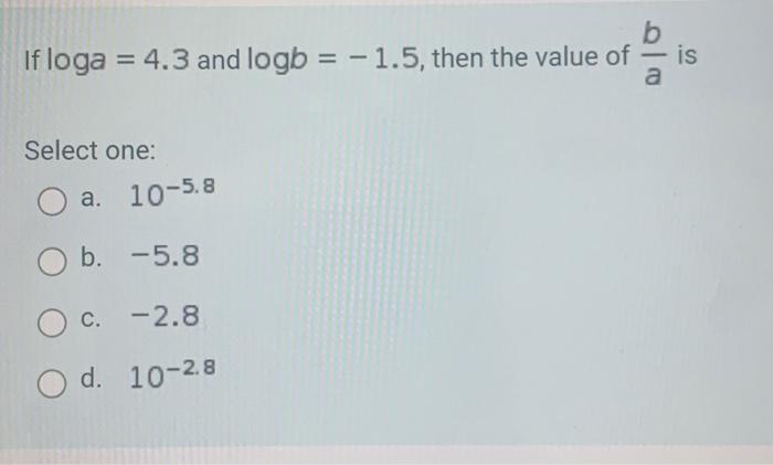 Solved If loga=4.3 and logb=−1.5, then the value of ab is | Chegg.com