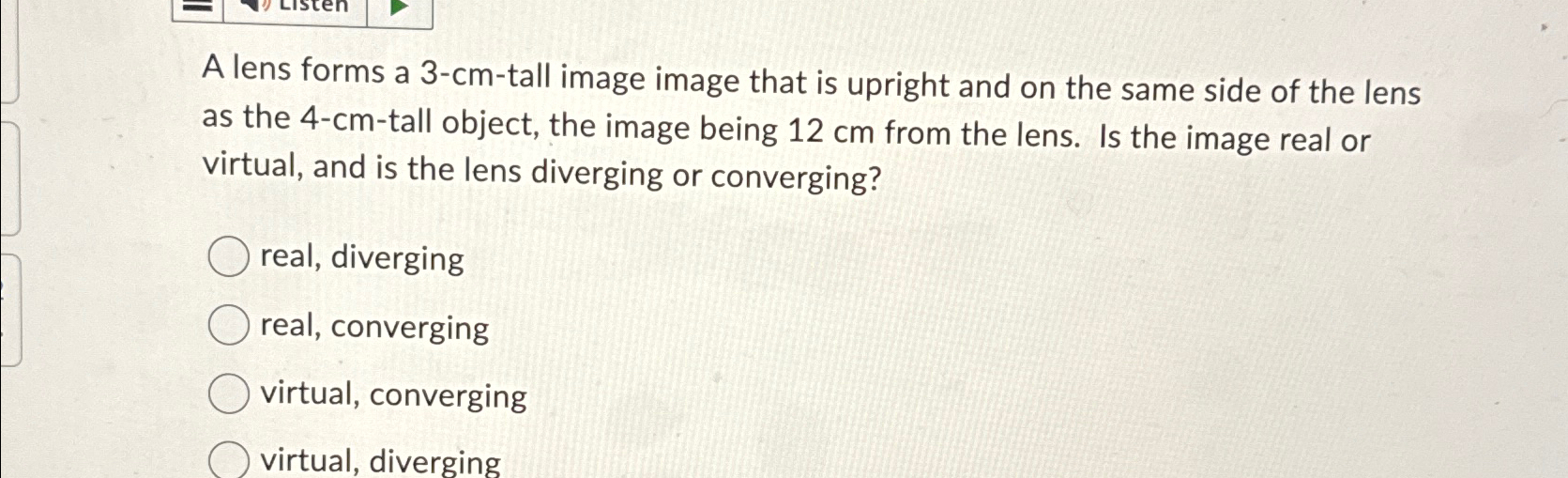 Solved A lens forms a 3-cm-tall image image that is upright | Chegg.com