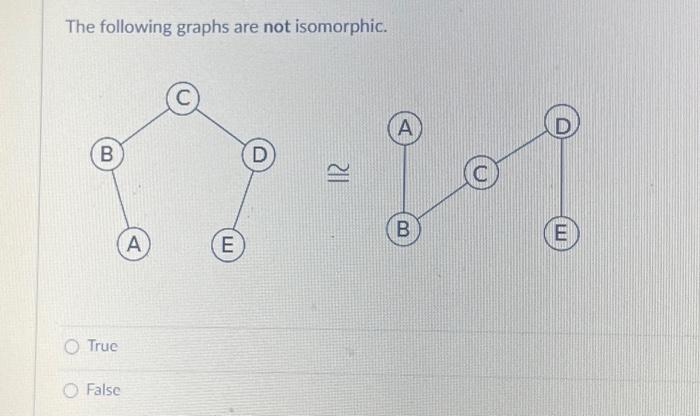 Solved The following graphs are not isomorphic. B O True O | Chegg.com
