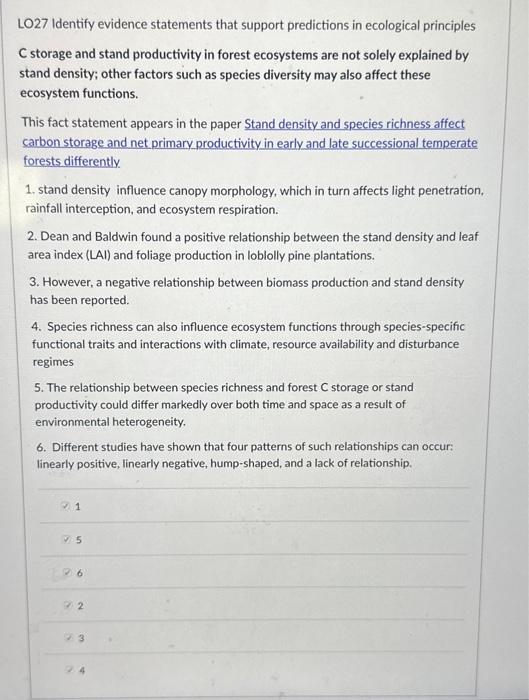 Solved LO27 Identify evidence statements that support | Chegg.com