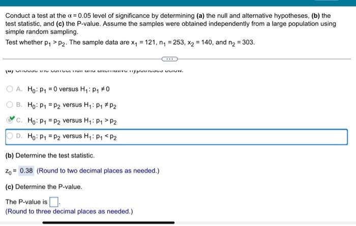 Solved Conduct a test at the α=0.05 level of significance by | Chegg.com