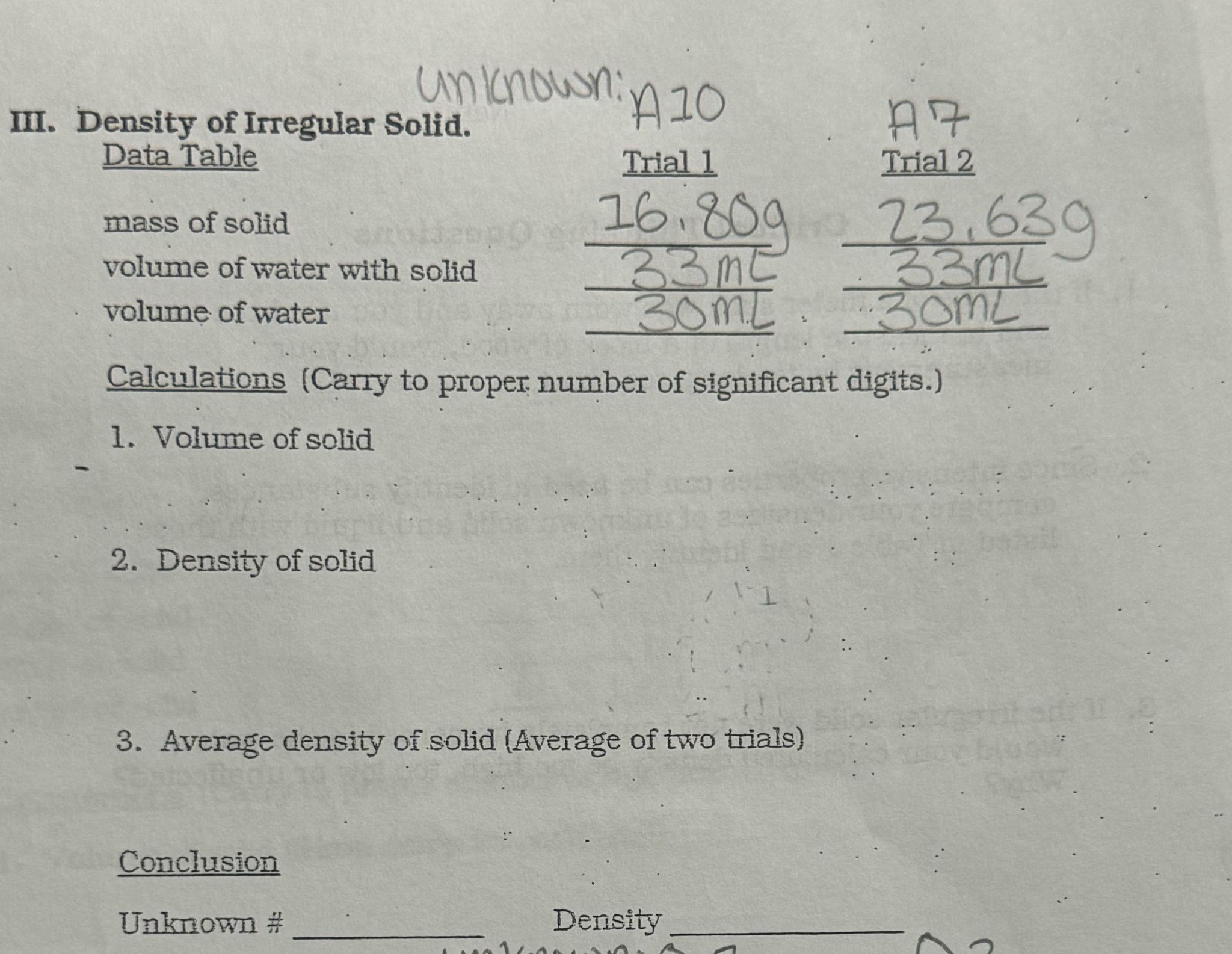 Solved III. Density of Irregular Solid. Data Tablemass of | Chegg.com
