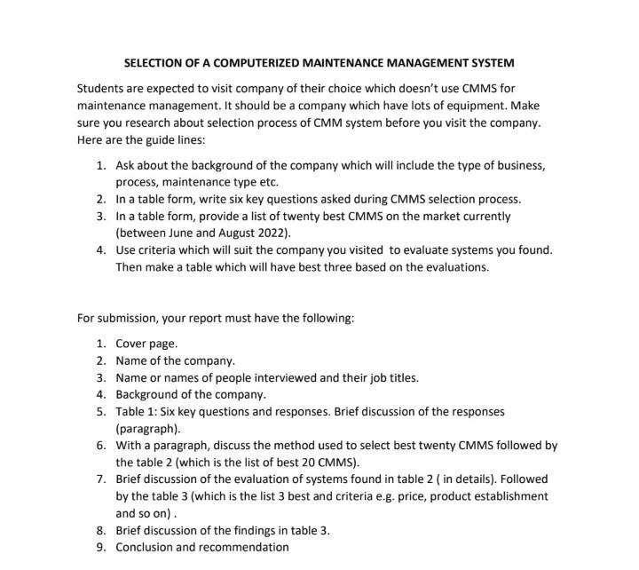 Solved SELECTION OF A COMPUTERIZED MAINTENANCE MANAGEMENT | Chegg.com