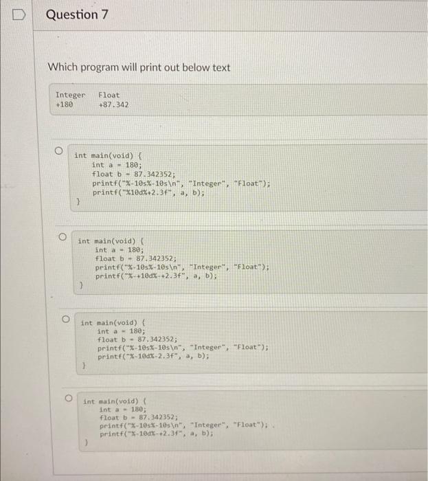 Solved Which program will print out below text Integer +180 | Chegg.com