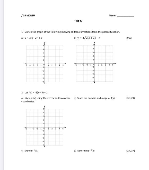Solved 35 Mcr3u Name Test 3 1 Sketch The Graph Of The