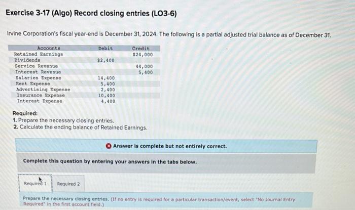 Solved Exercise 3 17 Algo Record Closing Entries Lo3 6